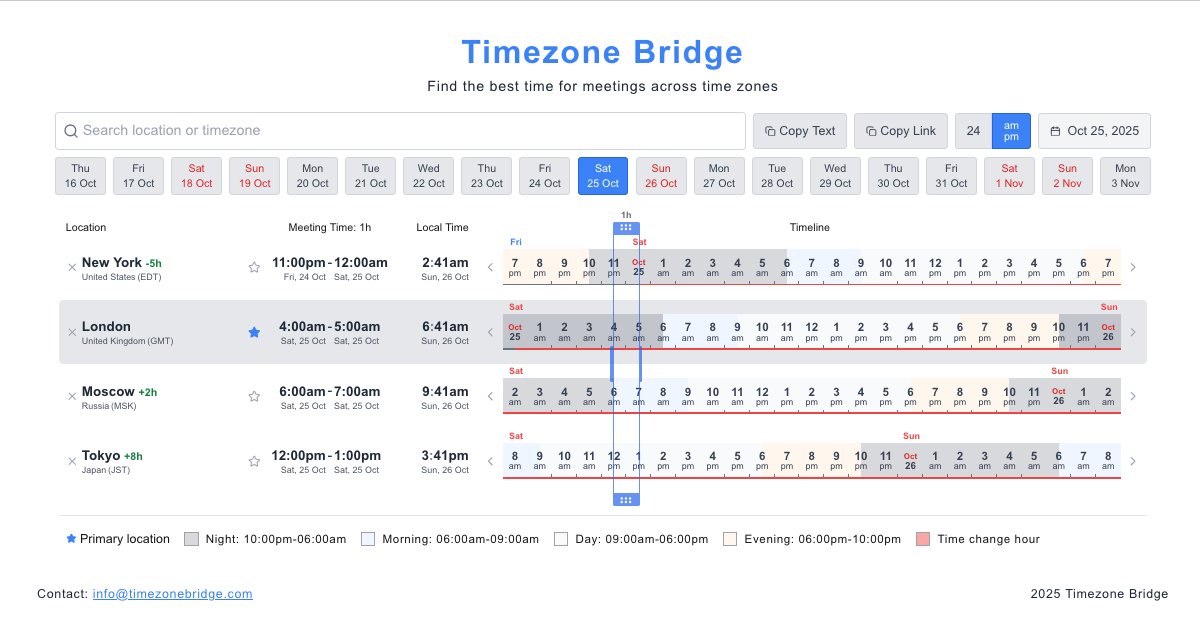 Timezone Bridge - Find the best time for meetings across time zones